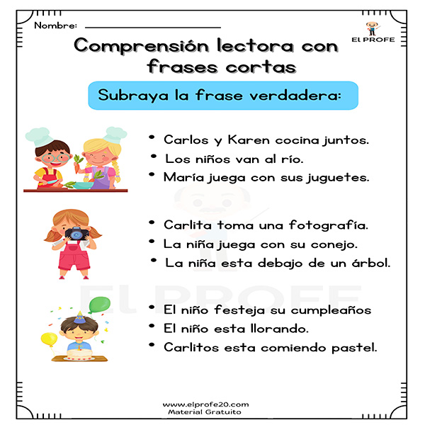 Ejercicios de comprensión lectora con frases cortas
