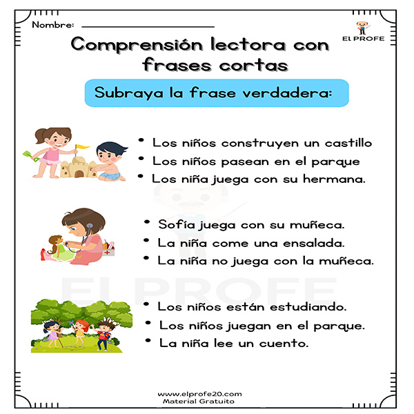Ejercicios de comprensión lectora con frases cortas