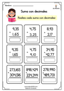 Fichas de ejercicios de suma con decimales