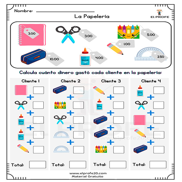 La papelería ejercicios de matemáticas para niños