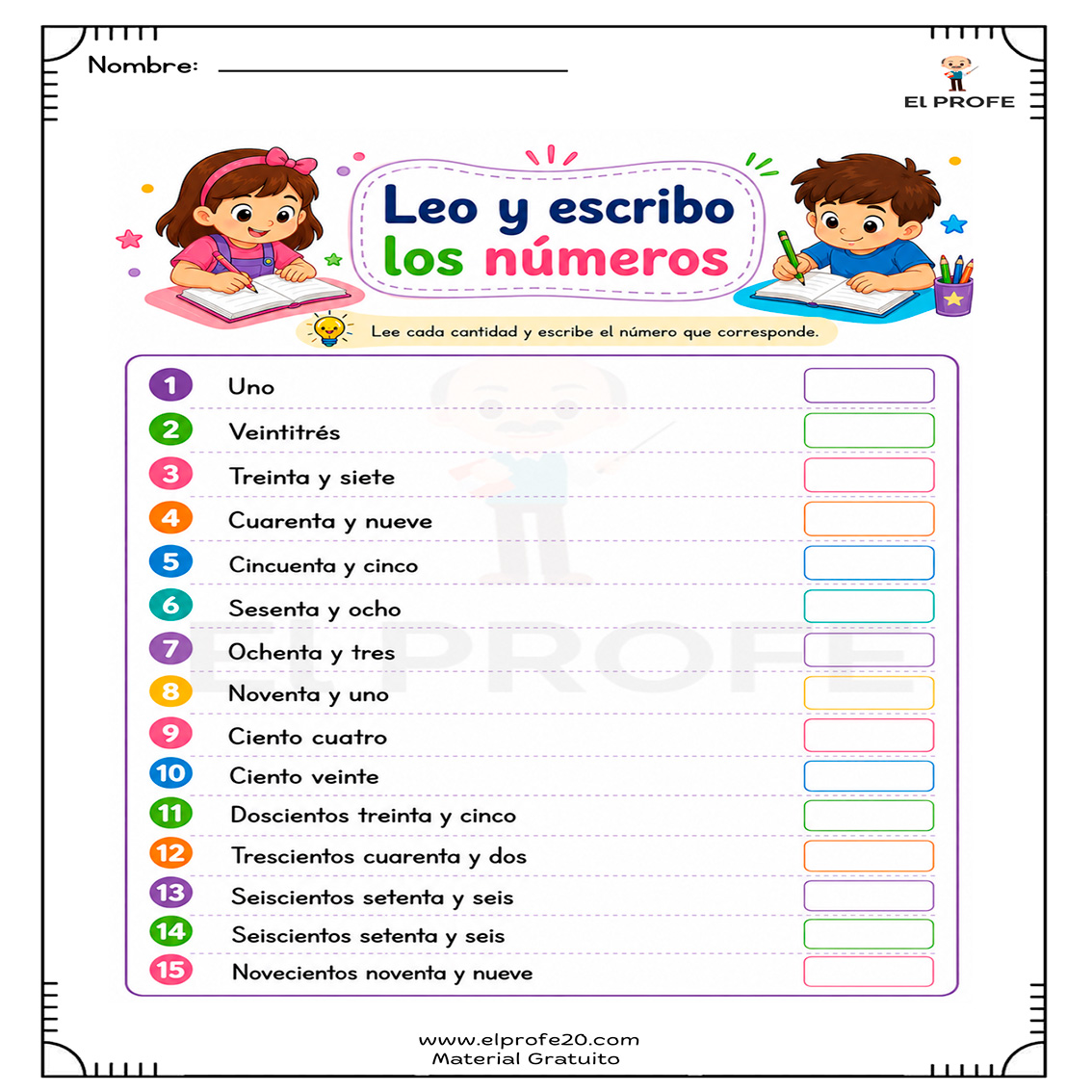 Ejercicios para escribir números en letras y cifras