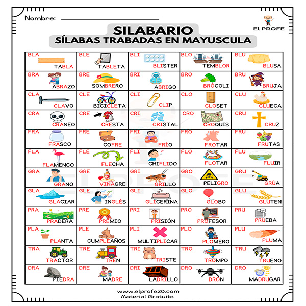 Silabario de sílabas trabadas en minúsculas y mayusculas